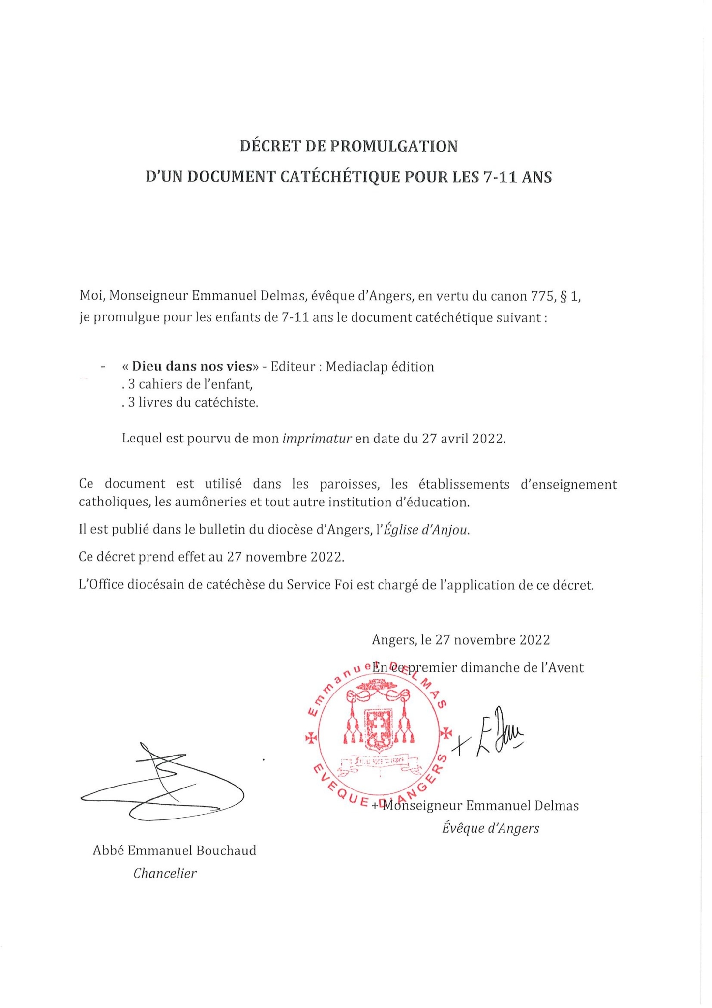 Décret de promulgation d’un document catéchétique pour les 7-11 ans ...