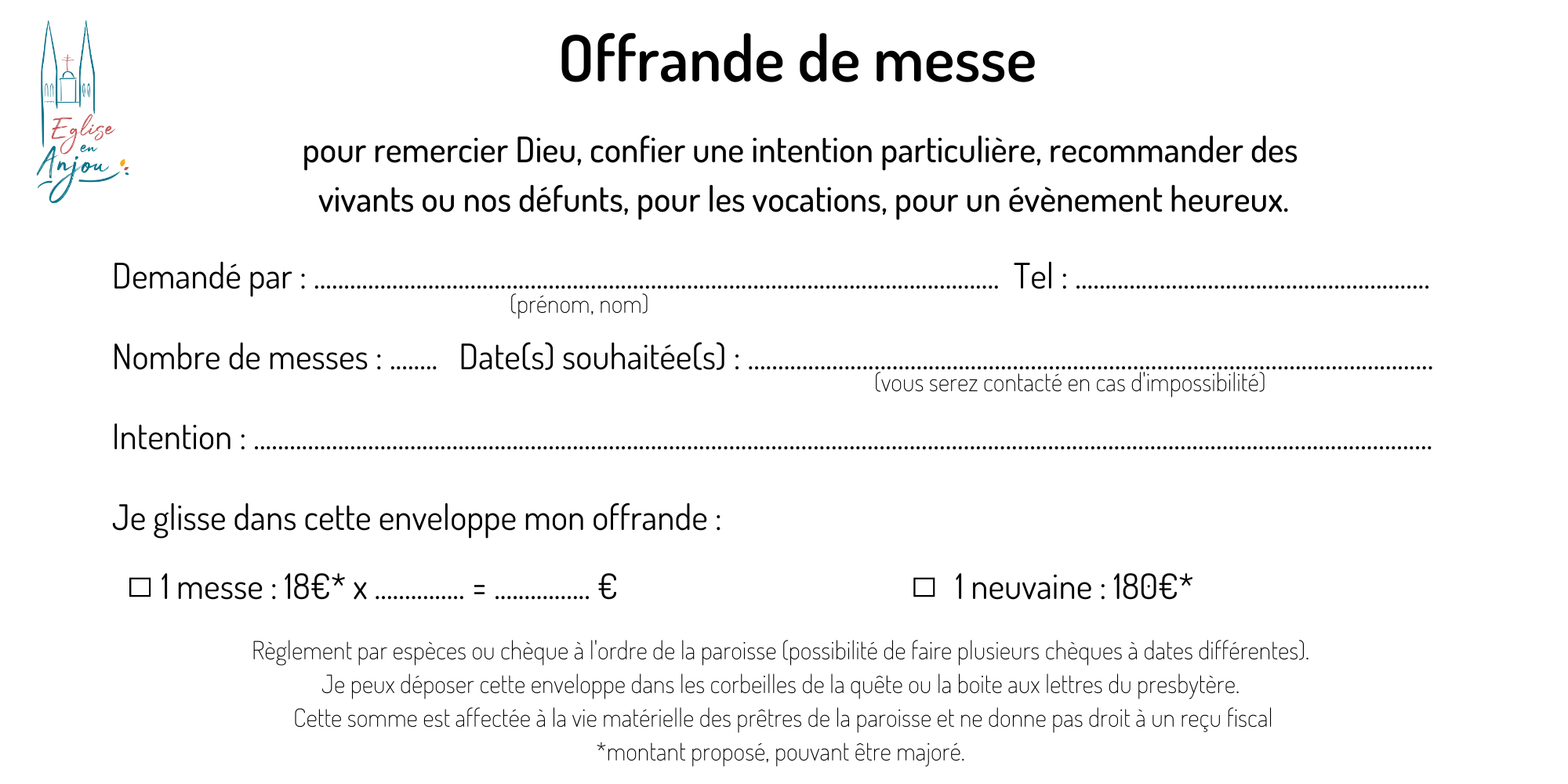 Offrandes de messe - Diocèse d'Angers